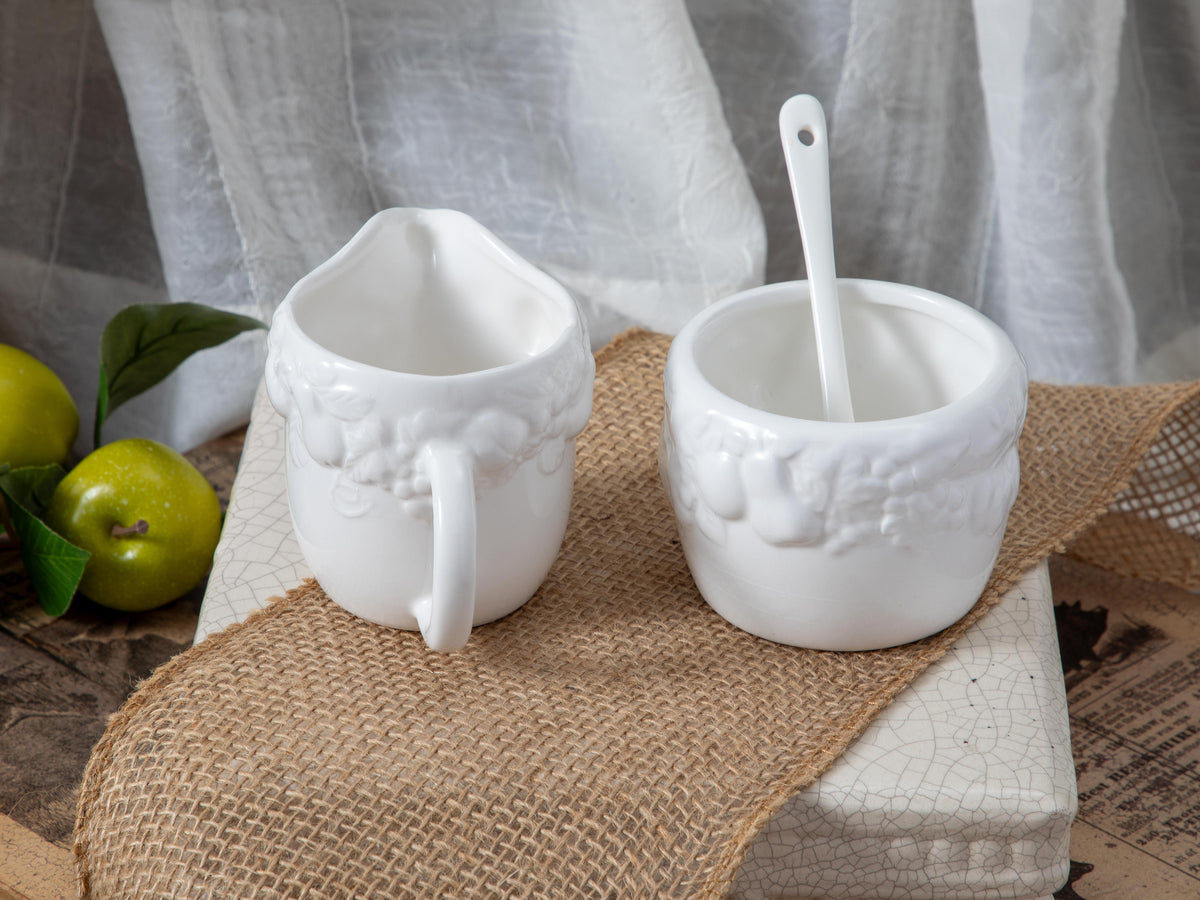 Fruitful Orchard- white sugar and creamer set w/embossed fruit pattern ...